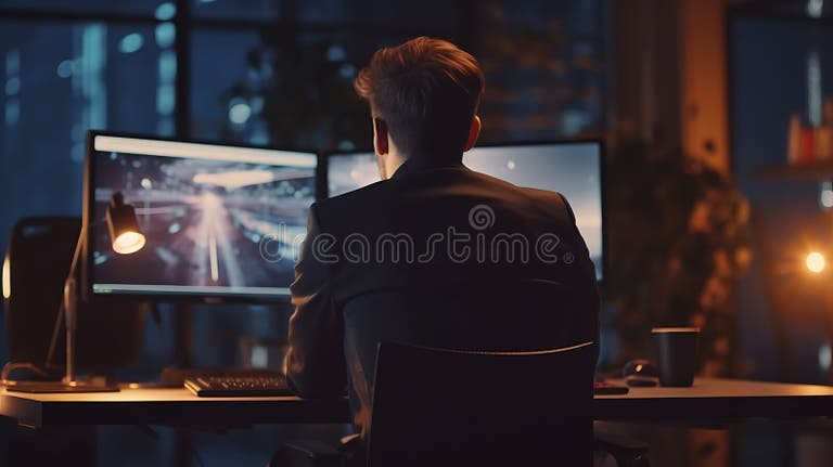 Stock Trader Man Using Multiple Monitors while Working at Night. Back View.Created with ...