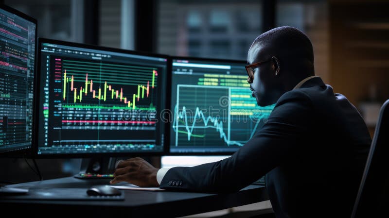 Stock Trader Man Using Multiple Monitors while Working at Office.. AI Generated Stock Image ...
