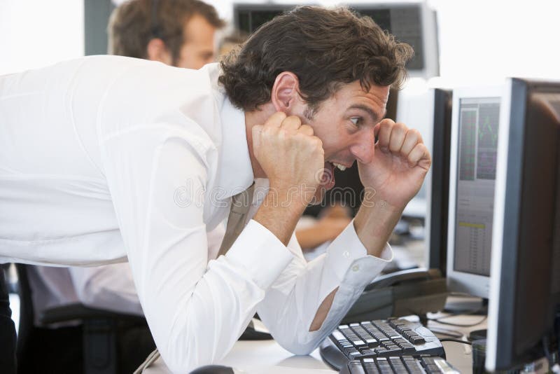 Stock Trader Overjoyed Looking at Monitor Stock Image - Image of busy ...