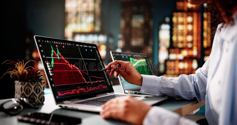 Stock Trader Woman Using Multiple Computers Stock Image Image Of