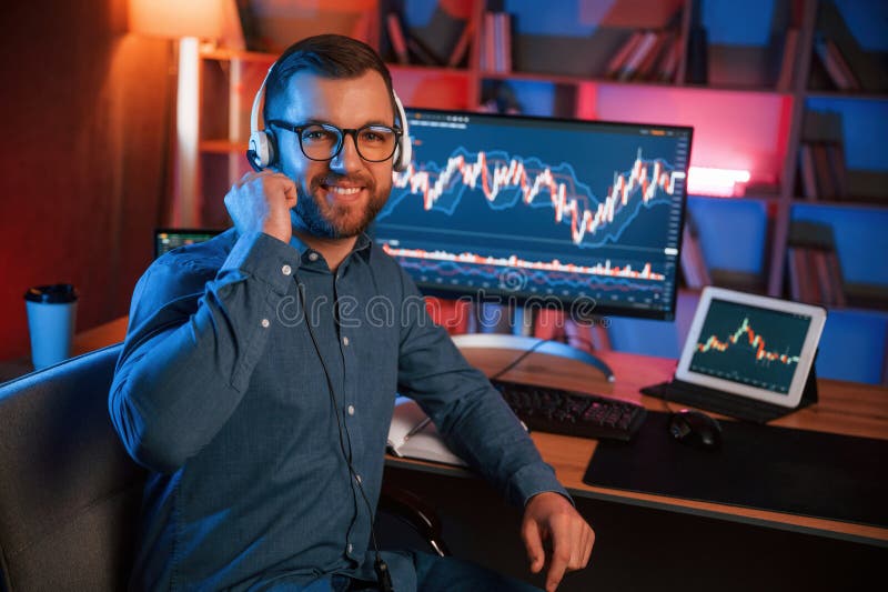 Stock Trader is Working by Pc Indoors. Conception of Exchange and Money ...