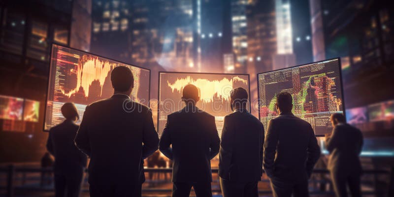 Stock Traders from Behind Looking at Financial Graph on Big Screen ...
