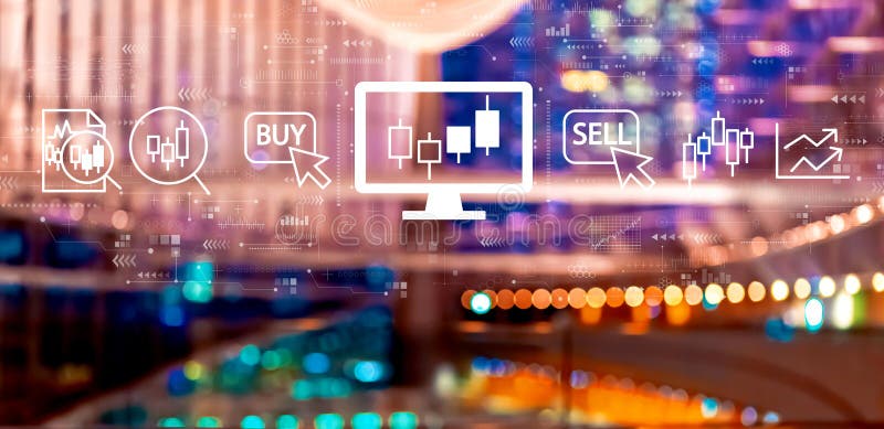 Stock Trading Theme with Big City at Night Stock Photo - Image of ...