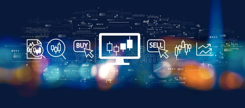 Stock Trading Theme with Blurred City at Night Stock Photo - Image of ...