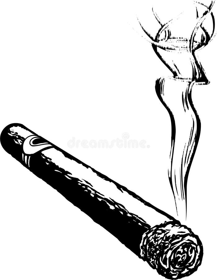 Hand Drawn Cartoon Lit Cigar with Smoke. Isolated on White Background ...