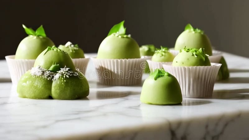 Close Up of Green Matcha Desserts in White Cupcake Liners on Marble ...
