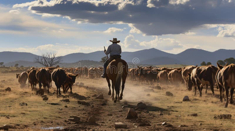 Stockman Mustering Cattle in a Drought Affected Landscape. Generative ...