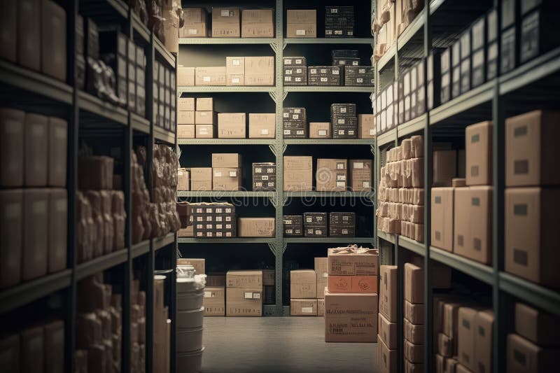 Stockroom, with Rows of Products and Boxes on Shelves Stock ...