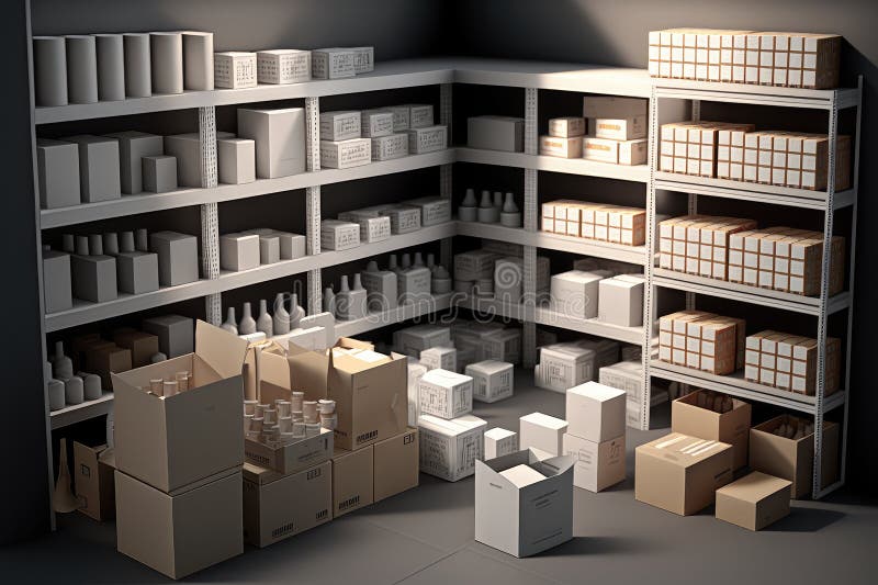 Stockroom, with Rows of Products and Boxes on Shelves Stock ...