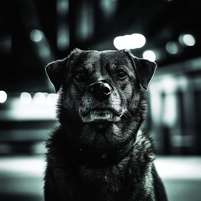 Stoic Dog in Urban Night Setting with Dramatic Lighting and Contrast ...