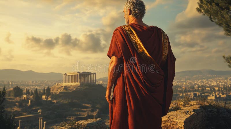 Stoic Philosopher in Red and Gold Toga Overlooks Ancient Ruins with ...