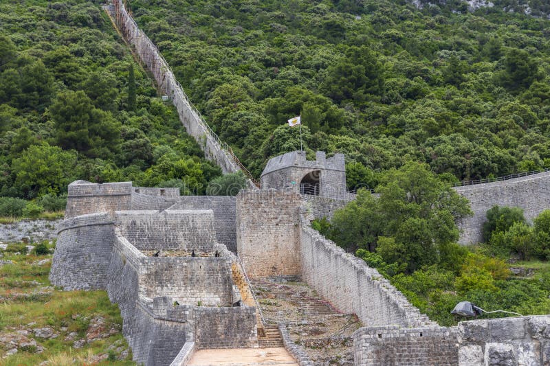 View of Ston Wall Old Fortress in Croatia. Editorial Photo - Image of ...