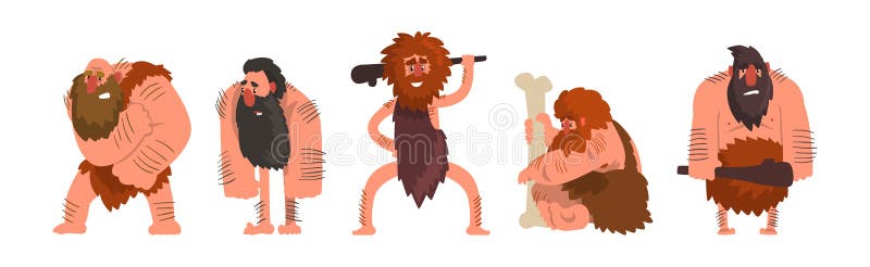 Stone Age Bearded Man Character with Barefoot Vector Set Stock ...