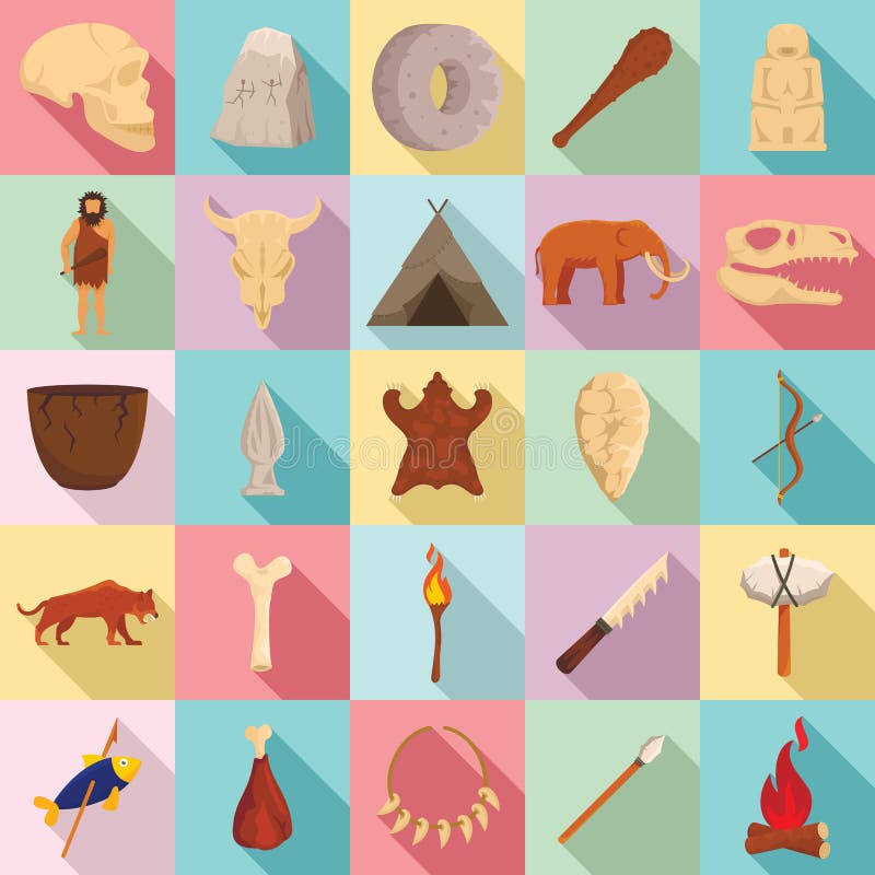 Stone Age Icons Set, Flat Style Stock Vector - Illustration of paleo ...
