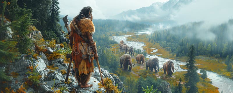 Stone Age Mammoth Predator Surrounded by Primitive Men with Weapons ...