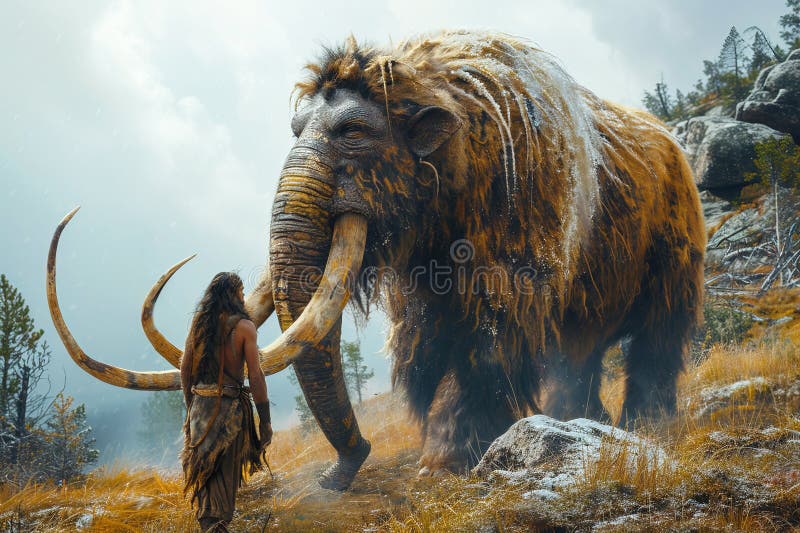 Stone Age Mammoth Predator Surrounded by Primitive Men with Weapons ...