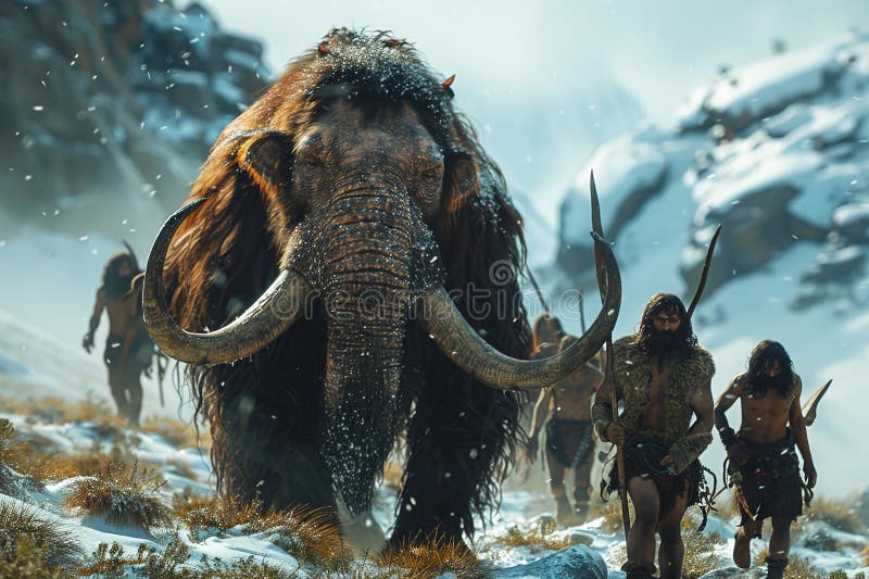 Stone Age Mammoth Predator Surrounded by Primitive Men with Weapons ...