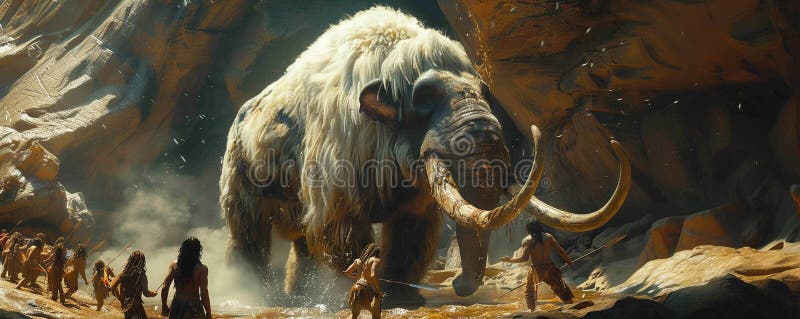 Stone Age Mammoth Predator Surrounded by Primitive Men with Weapons ...