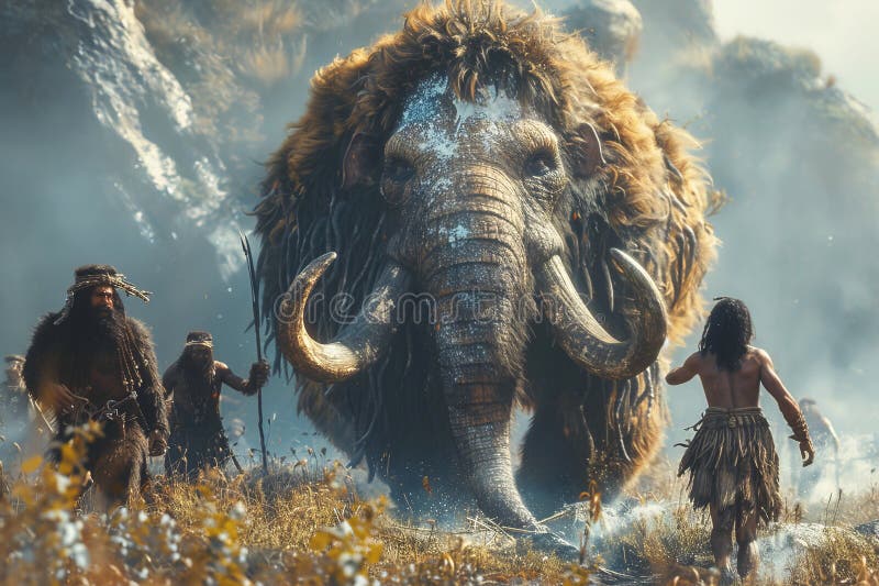 Stone Age Mammoth Predator Surrounded by Primitive Men with Weapons ...
