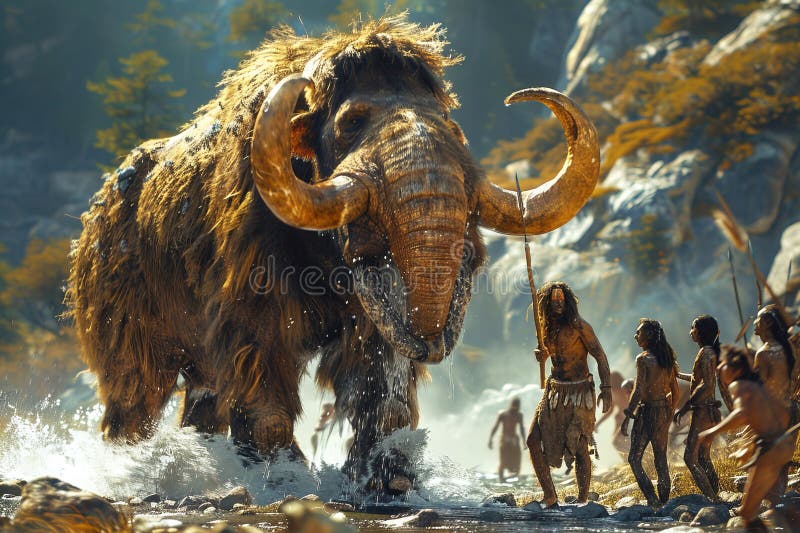 Stone Age Mammoth Predator Surrounded by Primitive Men with Weapons ...