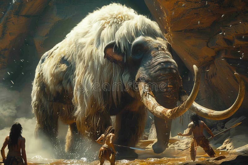 Stone Age Mammoth Predator Surrounded by Primitive Men with Weapons ...