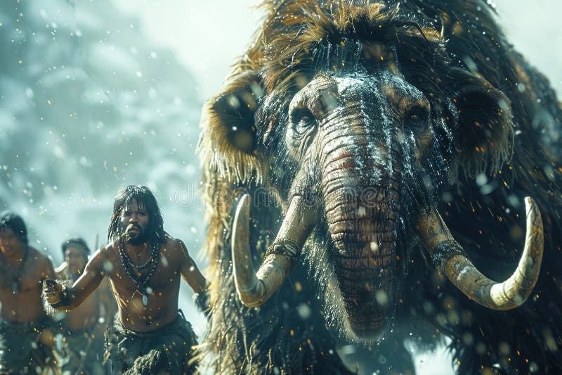 Stone Age Mammoth Predator Surrounded by Primitive Men with Weapons ...