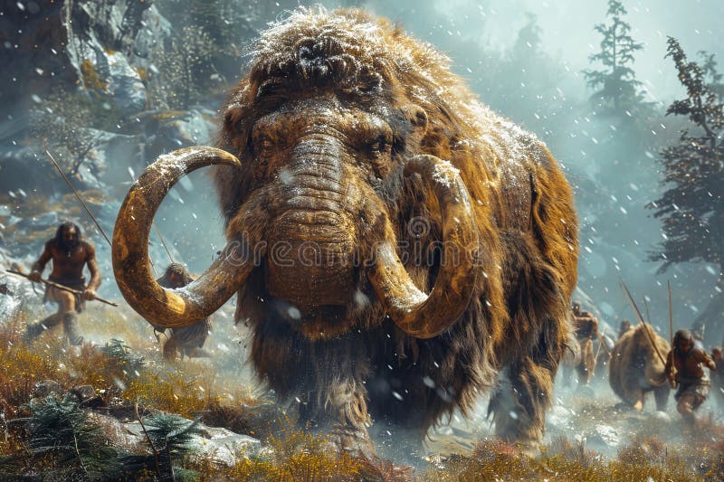 Stone Age Mammoth Predator Surrounded by Primitive Men with Weapons ...
