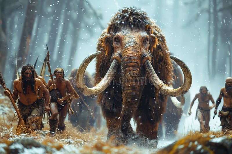 Stone Age Mammoth Predator Surrounded by Primitive Men with Weapons ...