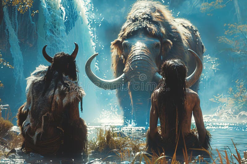 Stone Age Mammoth Predator Surrounded by Primitive Men with Weapons ...