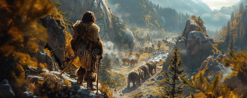 Stone Age Mammoth Predator Surrounded by Primitive Men with Weapons ...