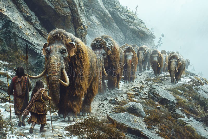Stone Age Mammoth Predator Surrounded by Primitive Men with Weapons ...