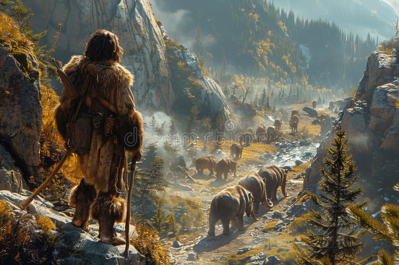 Stone Age Mammoth Predator Surrounded by Primitive Men with Weapons ...