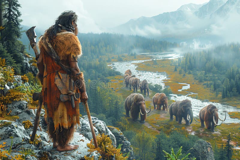 Stone Age Mammoth Predator Surrounded by Primitive Men with Weapons ...