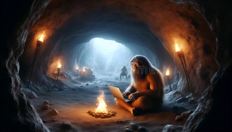 Stone Age Man Using a Laptop Computer Inside a Cave. Stock Illustration ...