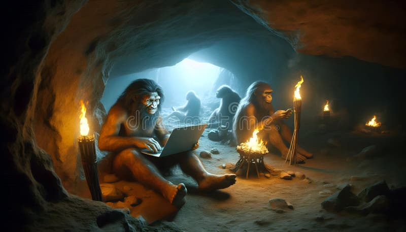 Stone Age Man Using a Laptop Computer Inside a Cave. Stock Illustration ...