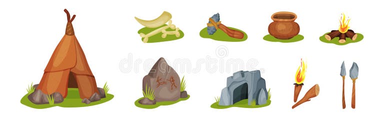 Stone Age Objects with Fire, Tent, Cave, Bowl and Weapon Vector Set ...