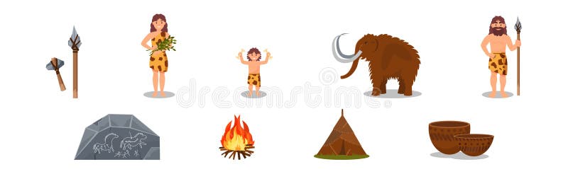 Stone Age People and Objects with Fire, Mammoth, Tent, Cave, Bowl and ...