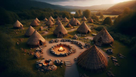 Stone Age Settlement stock illustration. Illustration of fires - 334454330