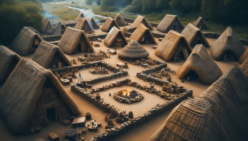 Stone Age Settlement stock illustration. Illustration of children ...