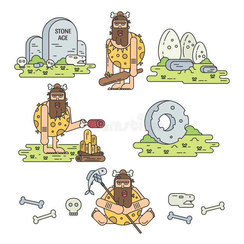 Stone Age Vector Set, Line Icons Isolated on White Stock Vector ...