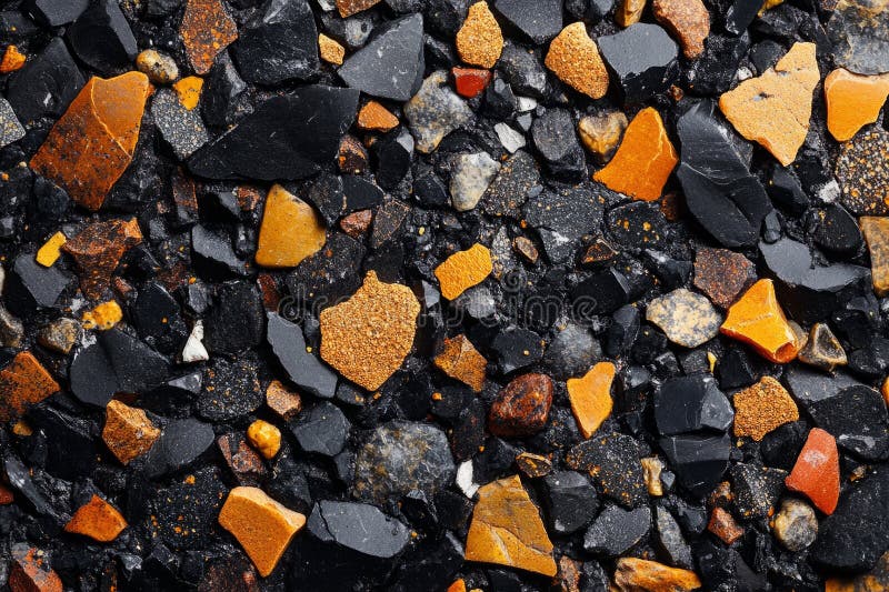 Stone Aggregate Featuring a Mix of Black and Gold Pieces Forms a Rough ...