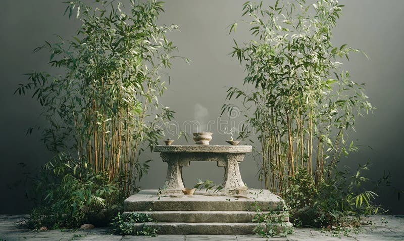 A Stone Altar from a Bamboo Grove, Weathered and Draped with Offering ...