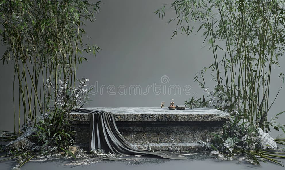 A Stone Altar from a Bamboo Grove, Weathered and Draped with Offering ...
