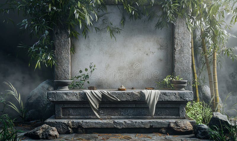A Stone Altar from a Bamboo Grove, Weathered and Draped with Offering ...
