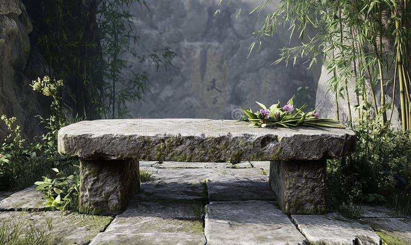 A Stone Altar from a Bamboo Grove, Weathered and Draped with Offering ...