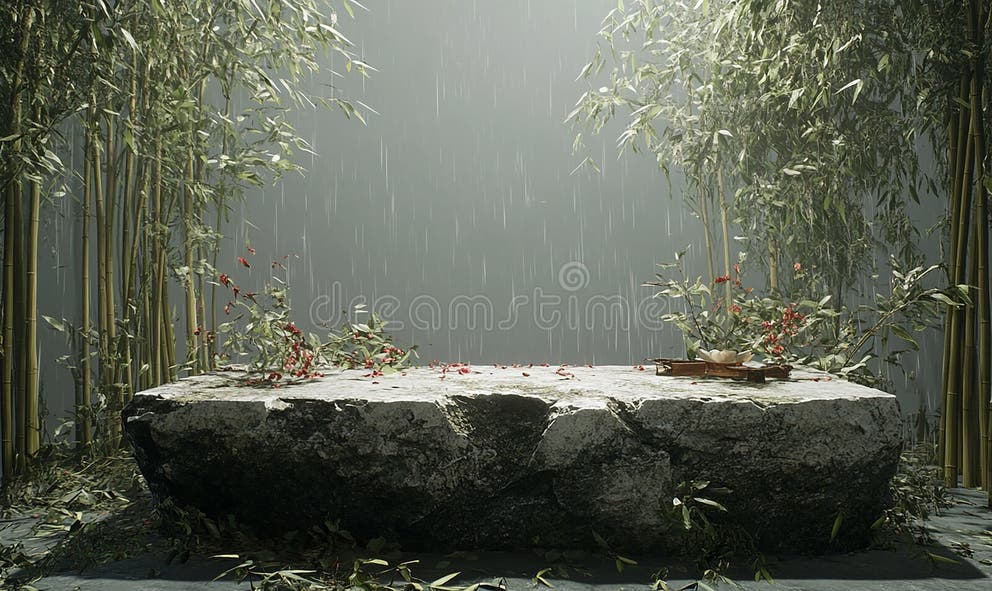 A Stone Altar from a Bamboo Grove, Weathered and Draped with Offering ...