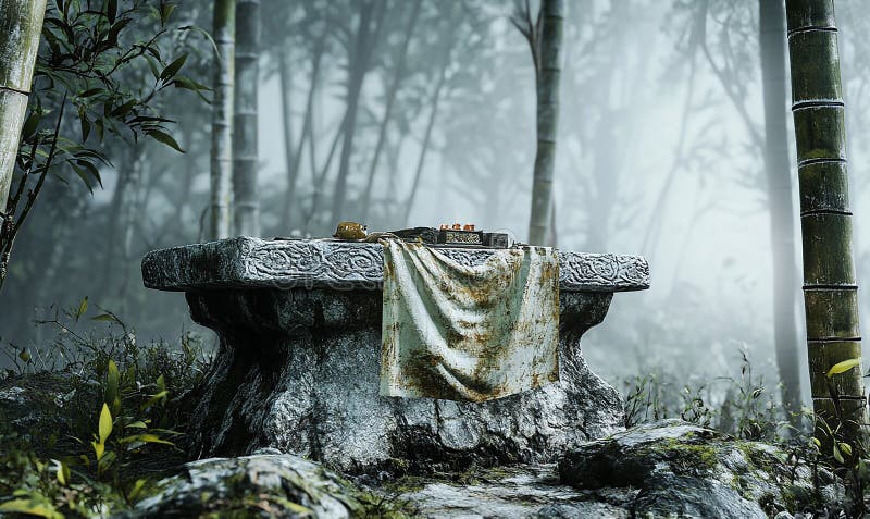 A Stone Altar from a Bamboo Grove, Weathered and Draped with Offering ...