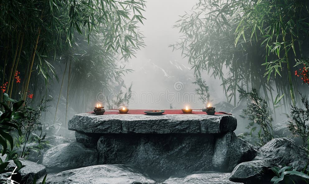 A Stone Altar from a Bamboo Grove, Weathered and Draped with Offering ...