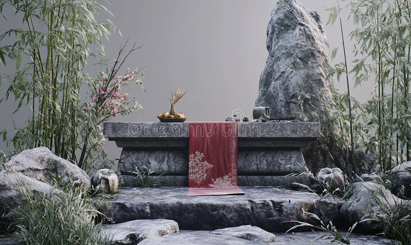 A Stone Altar from a Bamboo Grove, Weathered and Draped with Offering ...