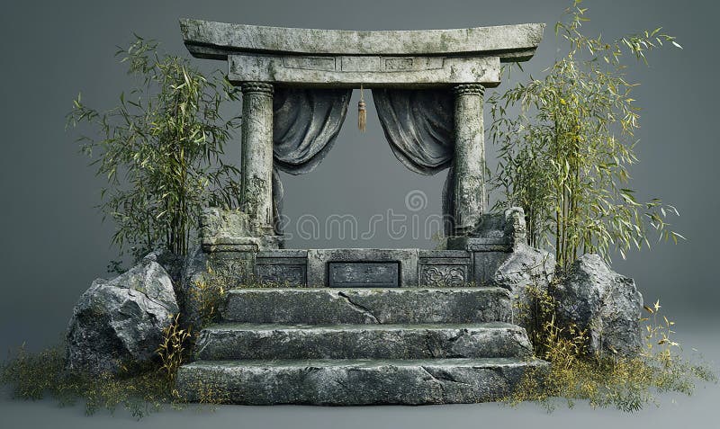 A Stone Altar from a Bamboo Grove, Weathered and Draped with Offering ...